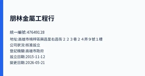 朋林金屬工程行的照片-統編 47649128(高雄市) 公司登記資料與營業項目詳細圖表