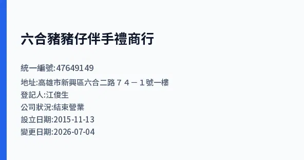 六合豬豬仔伴手禮商行的照片-統編 47649149(高雄市) 公司登記資料與營業項目詳細圖表