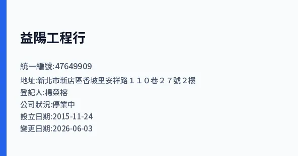 益陽工程行的照片-統編 47649909(新北市) 公司登記資料與營業項目詳細圖表