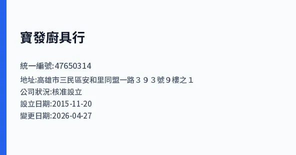 寶發廚具行的照片-統編 47650314(高雄市) 公司登記資料與營業項目詳細圖表