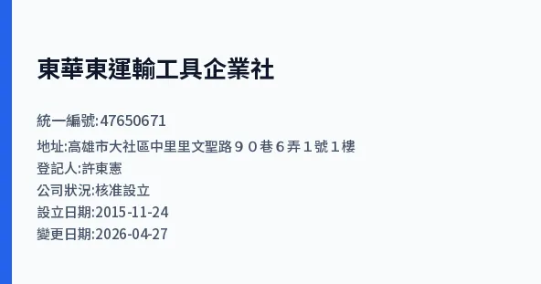 東華東運輸工具企業社的照片-統編 47650671(高雄市) 公司登記資料與營業項目詳細圖表