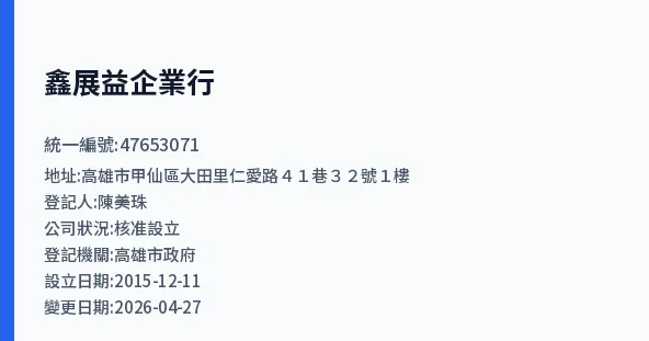 鑫展益企業行的照片-統編 47653071(高雄市) 公司登記資料與營業項目詳細圖表