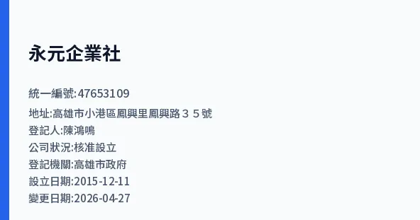 永元企業社的照片-統編 47653109(高雄市) 公司登記資料與營業項目詳細圖表