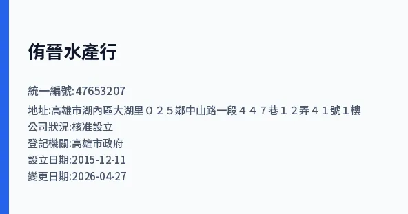 侑晉水產行的照片-統編 47653207(高雄市) 公司登記資料與營業項目詳細圖表