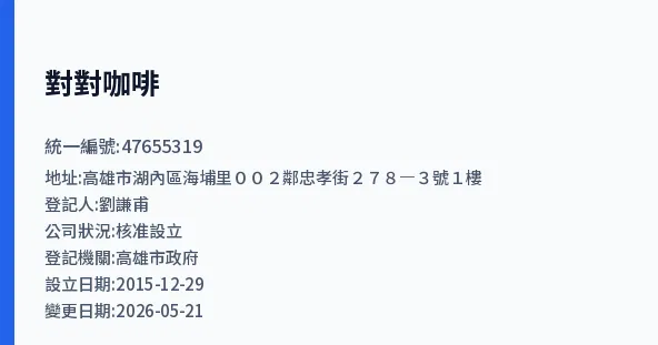 對對咖啡的照片-統編 47655319(高雄市) 公司登記資料與營業項目詳細圖表
