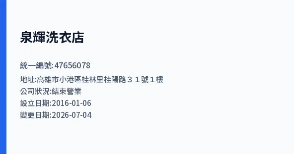 泉輝洗衣店的照片-統編 47656078(高雄市) 公司登記資料與營業項目詳細圖表