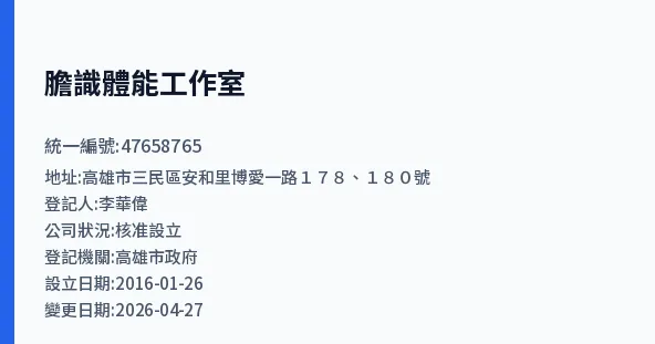 膽識體能工作室的照片-統編 47658765(高雄市) 公司登記資料與營業項目詳細圖表
