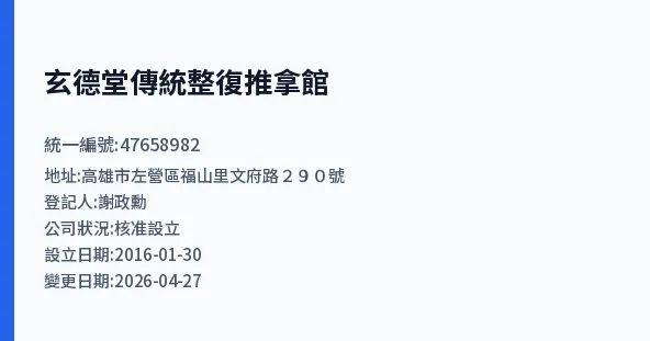 玄德堂傳統整復推拿館的照片-統編 47658982(高雄市) 公司登記資料與營業項目詳細圖表