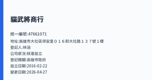 貓武將商行的照片-統編 47661071(高雄市) 公司登記資料與營業項目詳細圖表