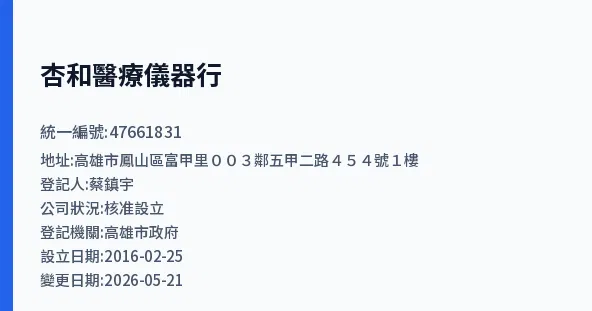 杏和醫療儀器行的照片-統編 47661831(高雄市) 公司登記資料與營業項目詳細圖表