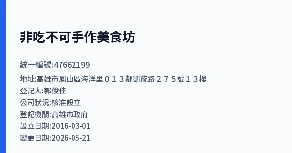 非吃不可手作美食坊的照片-統編 47662199(高雄市) 公司登記資料與營業項目詳細圖表