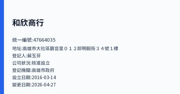 和欣商行的照片-統編 47664035(高雄市) 公司登記資料與營業項目詳細圖表