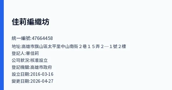 佳莉編織坊的照片-統編 47664458(高雄市) 公司登記資料與營業項目詳細圖表
