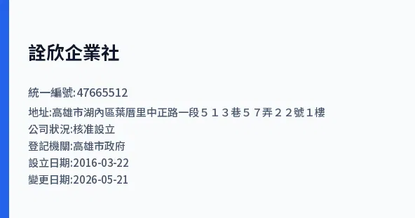 詮欣企業社的照片-統編 47665512(高雄市) 公司登記資料與營業項目詳細圖表