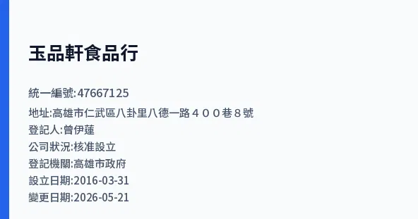 玉品軒食品行的照片-統編 47667125(高雄市) 公司登記資料與營業項目詳細圖表