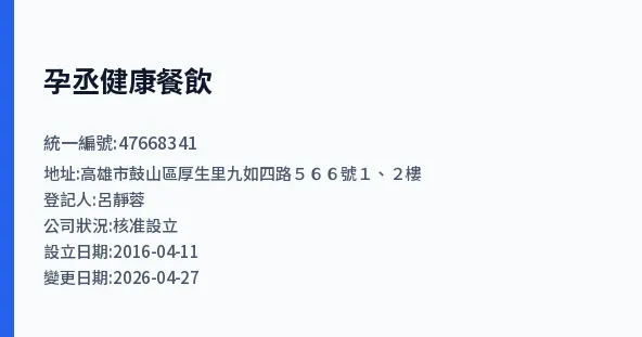 孕丞健康餐飲的照片-統編 47668341(高雄市) 公司登記資料與營業項目詳細圖表