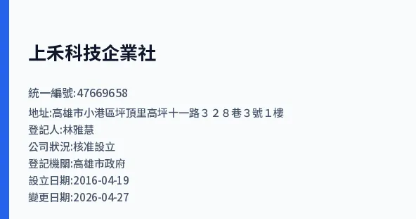 上禾科技企業社的照片-統編 47669658(高雄市) 公司登記資料與營業項目詳細圖表