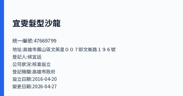 宜雯髮型沙龍的照片-統編 47669799(高雄市) 公司登記資料與營業項目詳細圖表
