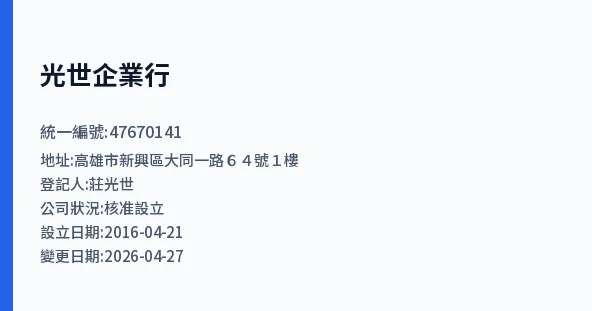 光世企業行的照片-統編 47670141(高雄市) 公司登記資料與營業項目詳細圖表
