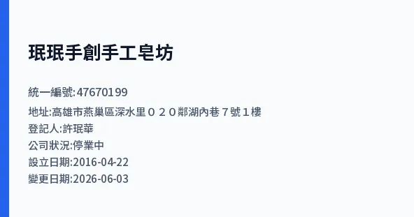 珉珉手創手工皂坊的照片-統編 47670199(高雄市) 公司登記資料與營業項目詳細圖表