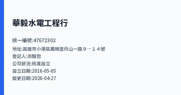 華毅水電工程行的照片-統編 47672302(高雄市) 公司登記資料與營業項目詳細圖表