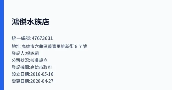 鴻傑水族店的照片-統編 47673631(高雄市) 公司登記資料與營業項目詳細圖表