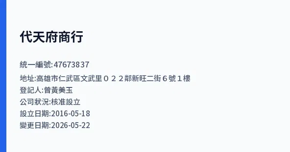 代天府商行的照片-統編 47673837(高雄市) 公司登記資料與營業項目詳細圖表