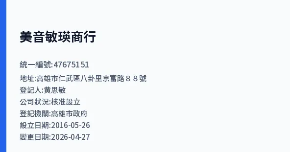 美音敏瑛商行的照片-統編 47675151(高雄市) 公司登記資料與營業項目詳細圖表