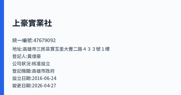 上豪實業社的照片-統編 47679092(高雄市) 公司登記資料與營業項目詳細圖表