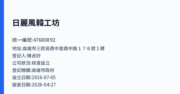日麗風韓工坊的照片-統編 47680892(高雄市) 公司登記資料與營業項目詳細圖表