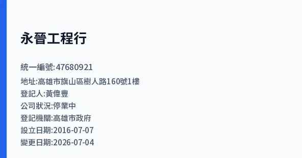 永晉工程行的照片-統編 47680921(高雄市) 公司登記資料與營業項目詳細圖表
