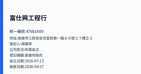 富仕興工程行的照片-統編 47681689(高雄市) 公司登記資料與營業項目詳細圖表