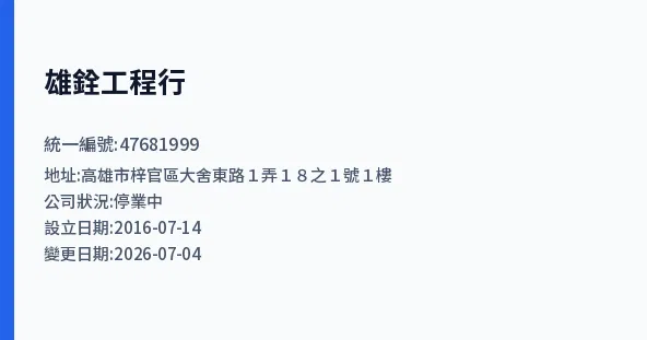 雄銓工程行的照片-統編 47681999(高雄市) 公司登記資料與營業項目詳細圖表