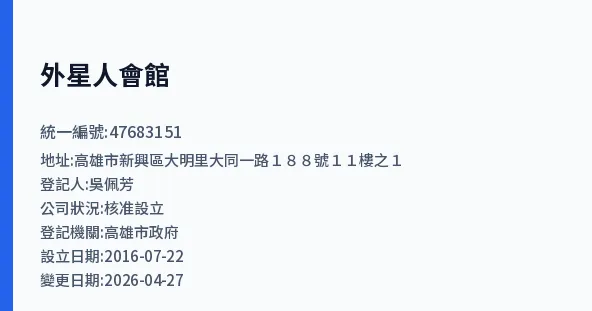外星人會館的照片-統編 47683151(高雄市) 公司登記資料與營業項目詳細圖表