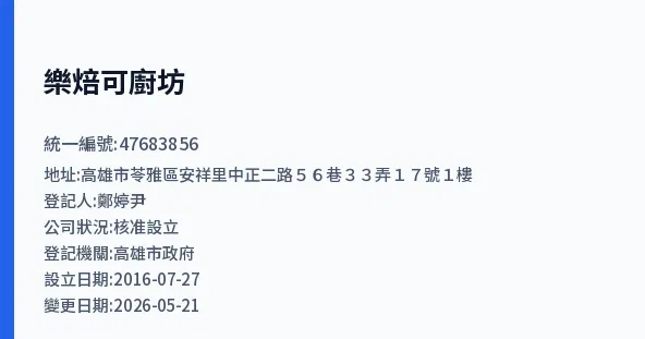 樂焙可廚坊的照片-統編 47683856(高雄市) 公司登記資料與營業項目詳細圖表