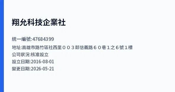 翔允科技企業社的照片-統編 47684399(高雄市) 公司登記資料與營業項目詳細圖表
