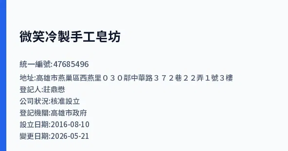 微笑冷製手工皂坊的照片-統編 47685496(高雄市) 公司登記資料與營業項目詳細圖表