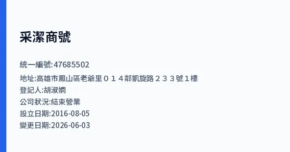 采潔商號的照片-統編 47685502(高雄市) 公司登記資料與營業項目詳細圖表