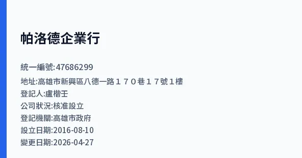 帕洛德企業行的照片-統編 47686299(高雄市) 公司登記資料與營業項目詳細圖表