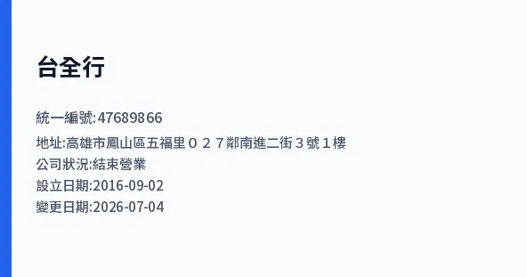 台全行的照片-統編 47689866(高雄市) 公司登記資料與營業項目詳細圖表