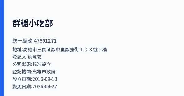 群穩小吃部的照片-統編 47691271(高雄市) 公司登記資料與營業項目詳細圖表