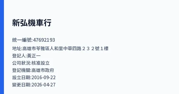 新弘機車行的照片-統編 47692193(高雄市) 公司登記資料與營業項目詳細圖表