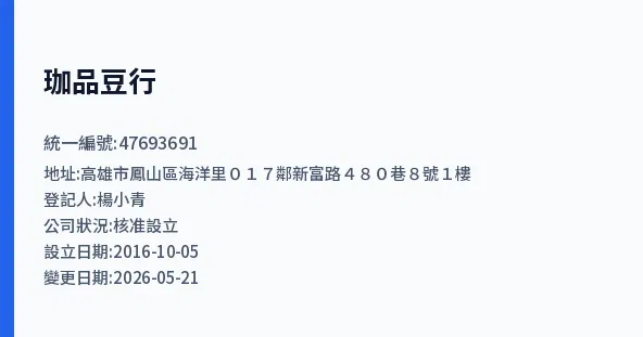 珈品豆行的照片-統編 47693691(高雄市) 公司登記資料與營業項目詳細圖表