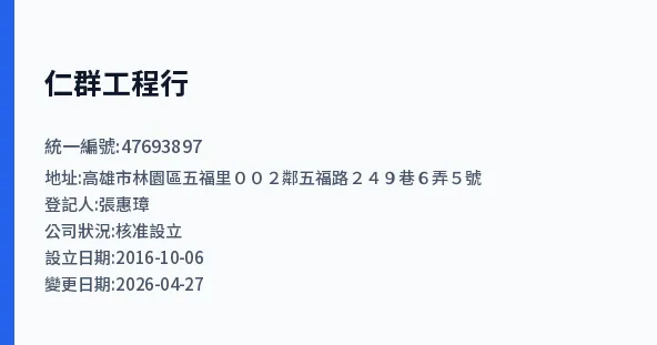仁群工程行的照片-統編 47693897(高雄市) 公司登記資料與營業項目詳細圖表
