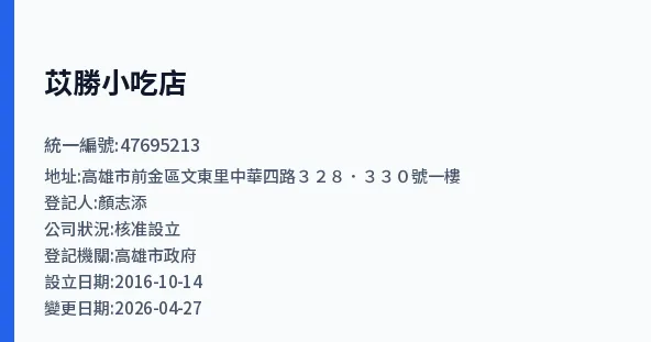 苡勝小吃店的照片-統編 47695213(高雄市) 公司登記資料與營業項目詳細圖表