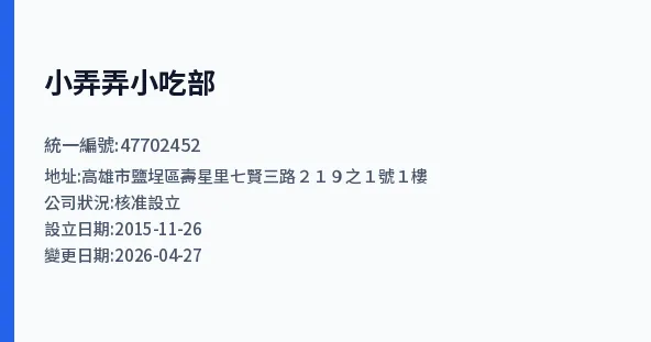 小弄弄小吃部的照片-統編 47702452(高雄市) 公司登記資料與營業項目詳細圖表