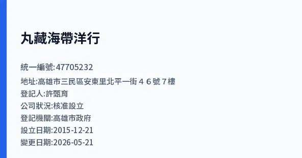 丸藏海帶洋行的照片-統編 47705232(高雄市) 公司登記資料與營業項目詳細圖表