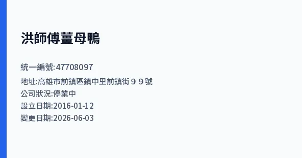 洪師傅薑母鴨的照片-統編 47708097(高雄市) 公司登記資料與營業項目詳細圖表