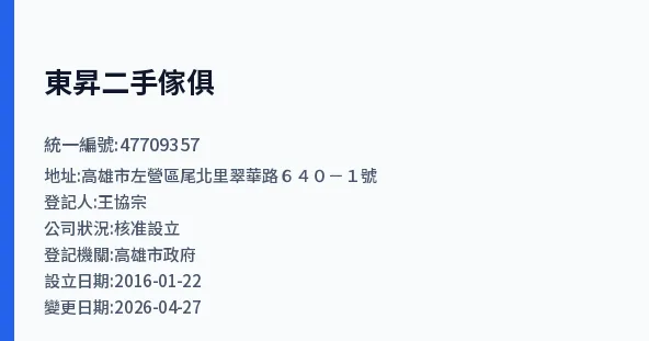 東昇二手傢俱的照片-統編 47709357(高雄市) 公司登記資料與營業項目詳細圖表