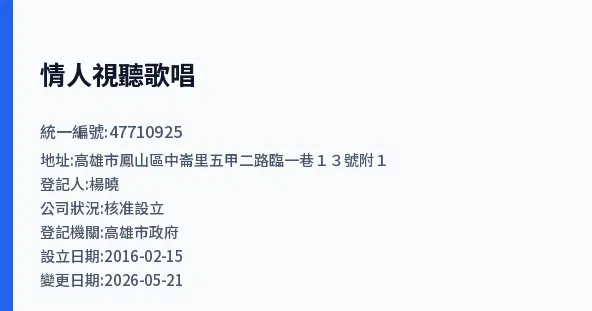 情人視聽歌唱的照片-統編 47710925(高雄市) 公司登記資料與營業項目詳細圖表